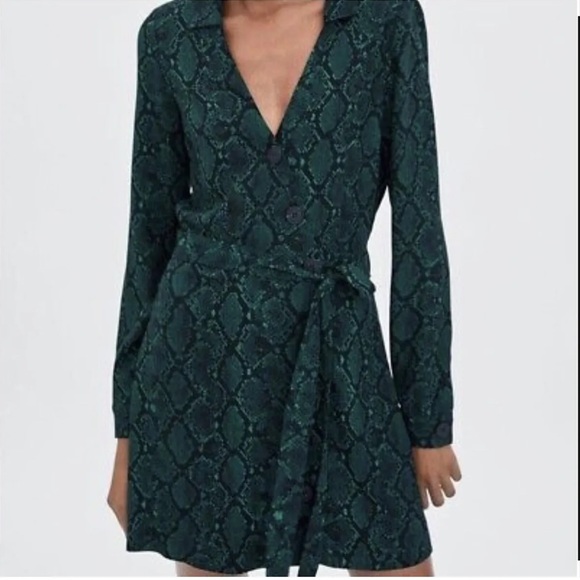 Zara | Dresses | Zara Trf Snakeskin Long Sleeve Button Up Wrap Dress ...
